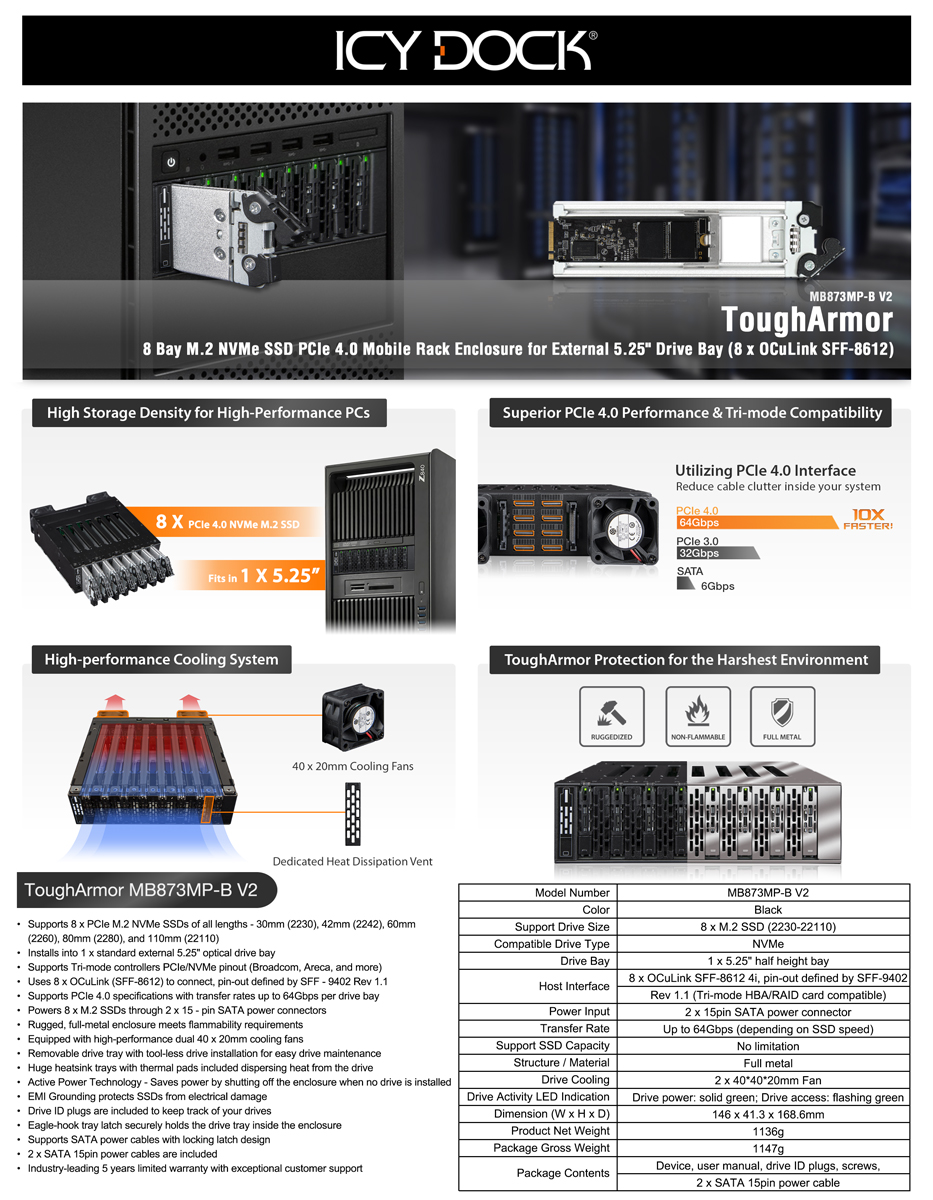 ICY DOCK ToughArmor 5.25" 8 Bay M.2 NVMe SSD PCIe 4.0 Mobile Rack ...