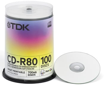 100pcs Cakebox, TDK CD-R80CBA-100, 700MB CD-R 52x, Printable, 80min LN19120 - T19884 | SCAN UK