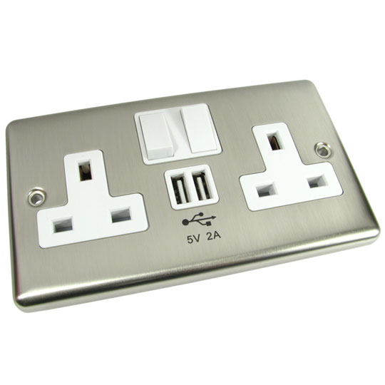 Dual USB Mains Faceplate 2 x USB Fast Charge Sockets 2amp Brushed Metal ...